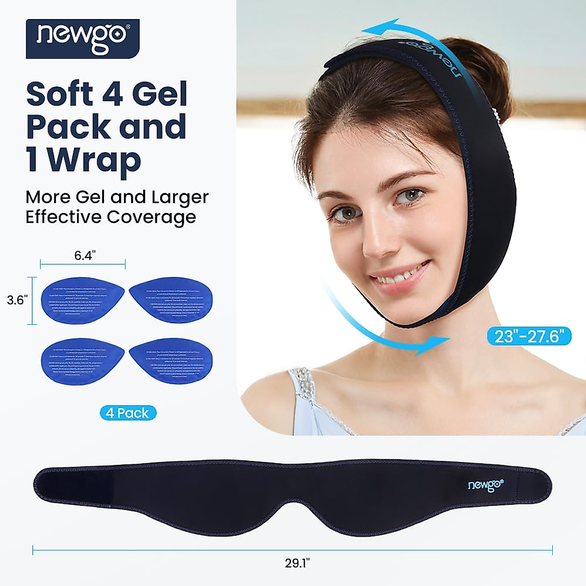 NEWGO Wisdom Teeth Head Wrap - Jaw Ice Pack for Face Oral Surgery, FSA/HSA Eligible with 4 Hot/Cold Gel Pack for TMJ, Tooth Extraction, Tonsillectomy Recovery