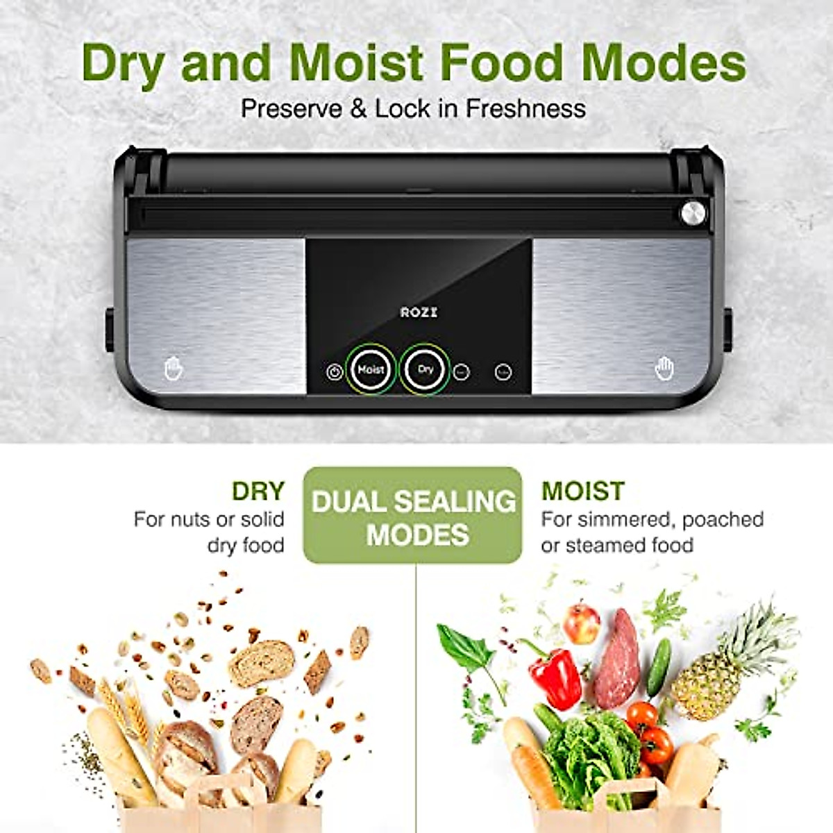 Vacuum Sealer Machine, Rozi Food Vacuum Sealer with Built-in Cutter and Roll Bag Storage for Dry and Moist Food Preservation， Starter Kit with Vacuum Sealer Bags and Roll for Food Storage