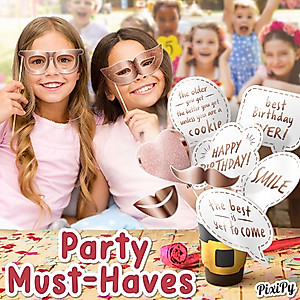 Premium Birthday Photo Booth Props Kit, 27 White & Rose Gold Party Decorations (No Glitter), Durable & Easy-to-Use Photobooth Props Signs for Memorable Photos & Unforgettable Celebrations by PixiPy