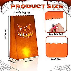 Halloween Luminary Bags Outdoor Paper Pumpkin Lantern Bags Flame Resistant Jack-o'-Lantern Bags Halloween Silhouette Luminary Candle Bags for Halloween, Party, Home Decorations (48 Pieces)