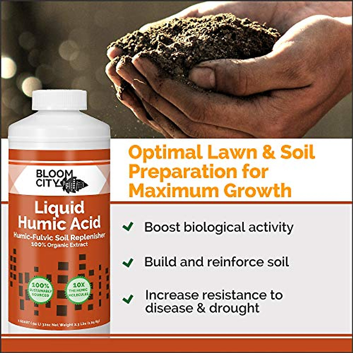 Organic Liquid Humic Soil Health Formula, Great for Houseplants, Gardens and Lawns, by Bloom City, Gallon (128 oz) Concentrated Makes 120+ Gallons