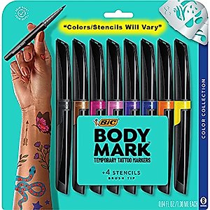 BIC BodyMark Temporary Tattoo Markers for Skin, Color Collection, Flexible Brush Tip, 8-Count Pack of Assorted Colors, Skin-Safe*, Cosmetic Quality (MTBP81-AST), 1 Count (Pack of 8)