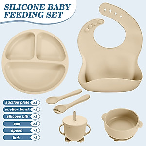 18 Pcs Silicone Baby Feeding Set Infant Dinnerware Adjustable Silicone Toddler Bibs Baby Plates and Bowls Set Suction Bowls Divided Plates Spoons Fork Cups Utensils (Gray Blue, Navy Green, Beige)