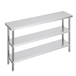 VEVOR Stainless Steel Food Prep Table, 14 x 60 x 34 Inch Commercial Kitchen Worktable, with 2 Adjustable Undershelf, Heavy Duty Prep Table Metal Work Table for BBQ, Kitchen, Home, and Garage