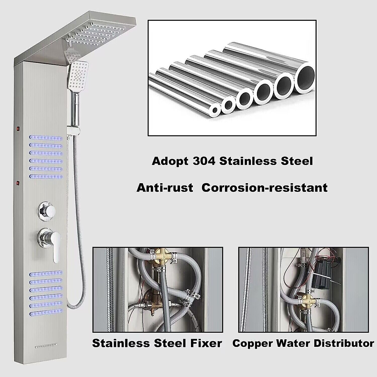AlenArt Shower Panel Tower System LED Multi-Function Shower Tower Faucet Rainfall Waterfall Shower Head with Massage Jets Stainless Steel Wall Mount in Bathroom,Brushed Nickel