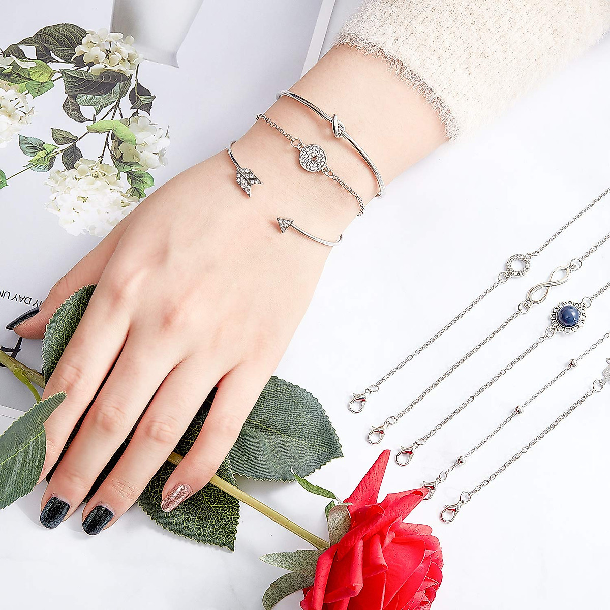 Hicarer 16 Piece Layered Bracelet Set Vintage Flower Hand Chain Beaded Bracelet Adjustable Charm Pendent Stack Bracelet