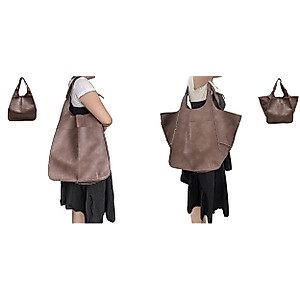 Qunsia Oversized Soft Leather Shoulder Bag Foldable Hobo Bag Weekend Travel Tote (Coffee)
