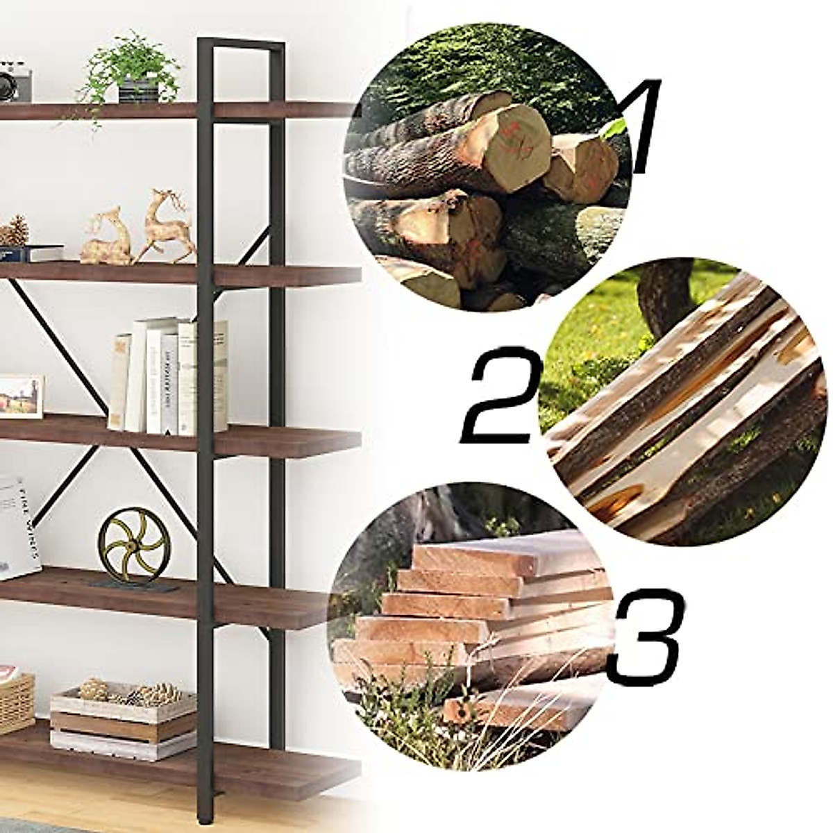 IBF 5 Tier Solid Wood Bookshelf, Industrial Natural Real Wood Metal Tall Bookcase, Modern Rustic Large Open Book Shelf Storage, Farmhouse Wide Etagere Bookcase for Office Living Bedroom, Rustic Gray