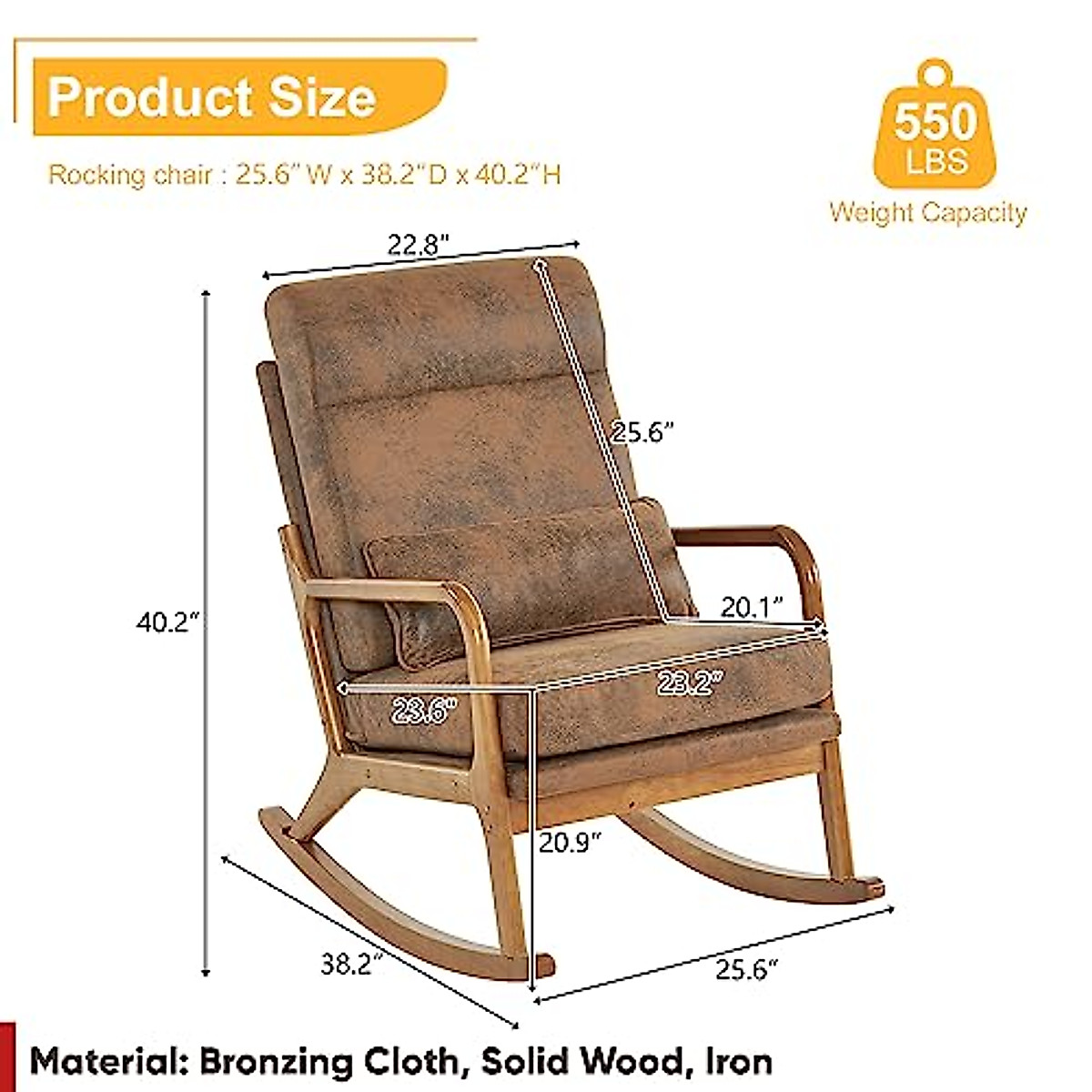 JOYBASE Rocking Chair, Nursery Glider Rocker Chair, Nursing Rocking Accent Chair, Modern Comfy Lounge Armchair with High Backrest for Indoor, Living Room, Bedroom, Nursery (Orange, Bronzing Cloth)