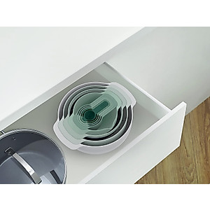 Joseph Joseph Nest 9 Plus, 9 Piece Compact Food Preparation Set with Mixing Bowls, Measuring cups, Sieve and Colander, Editions Range, Polypropylene, Stainless steel, Sage Green