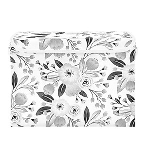 Black Grey Floral Flowers on White Storage Basket Bin with Lid, Foldable Bucket Box Closet Organizer Laundry Hamper for Home Office 16.5x12.6x11.8 in