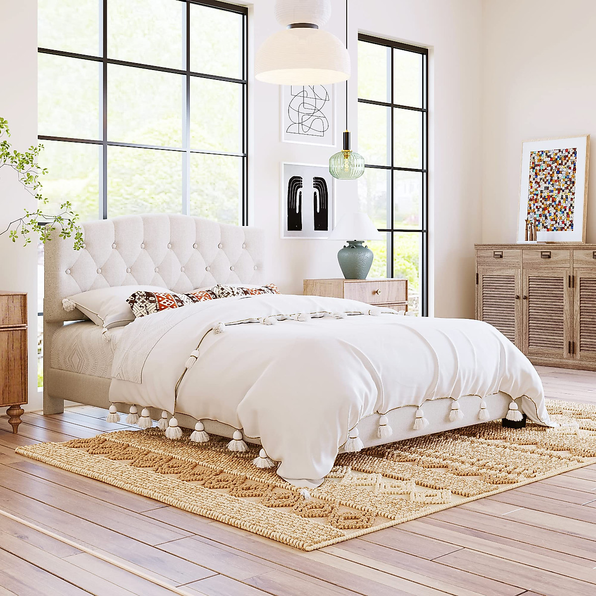 Queen Size Bed Frame, Modern Luxury upholstered Platform Bed with headboard, Heavy Duty Button Tufted Bed Frame, Wooden Slat Support, Easy to Assemble, no Need for Box Springs (Beige)