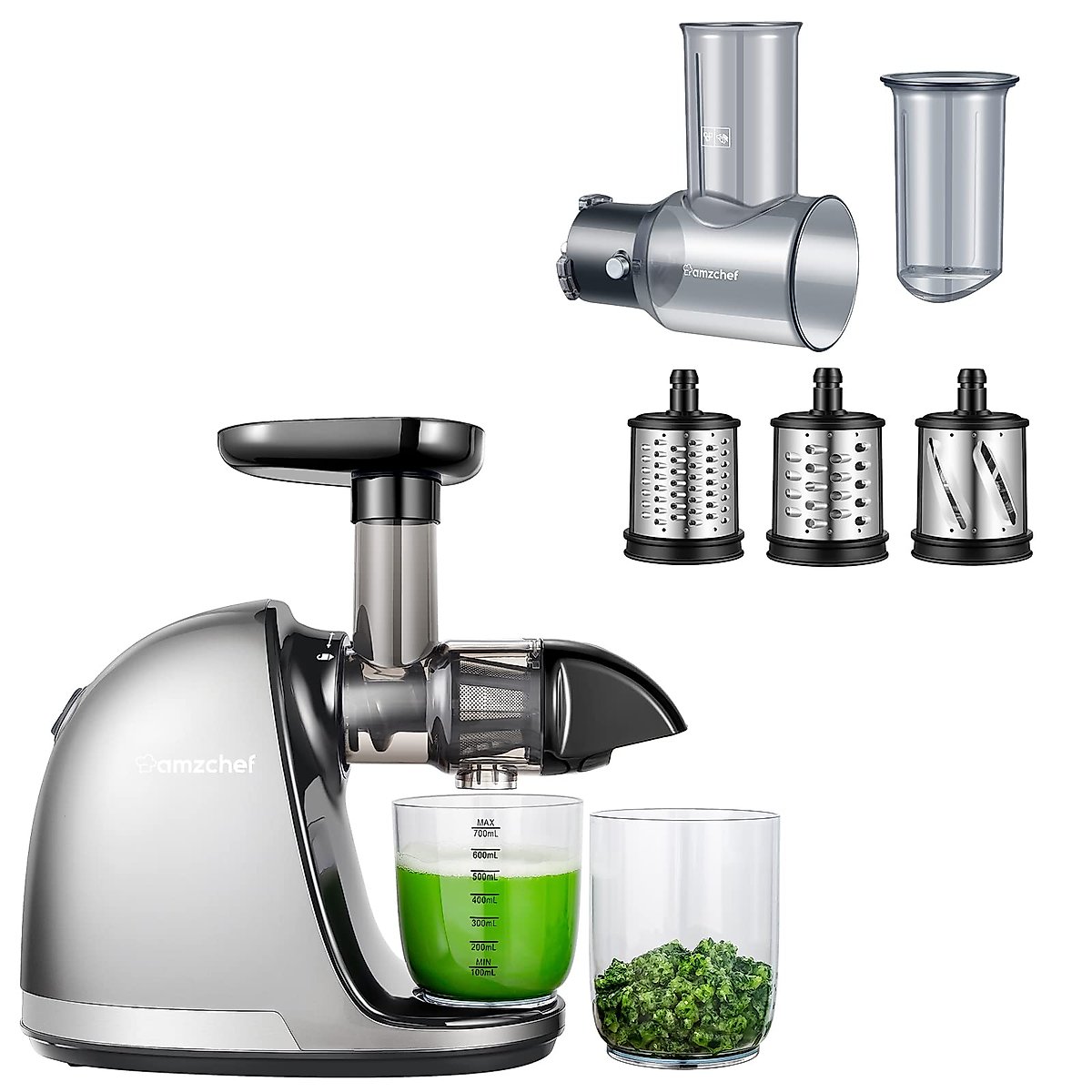 AMZCHEF Slow Masticating Juicer Bundled with Slicer Shredder Attachments, Cold Press Juicer With Silent Motor and Reverse Function,3 Interchangeable blades for Juicing and Shredding Cheese
