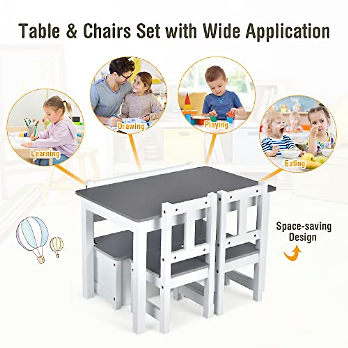 Costzon Kids Table and Chair Set, Wood Activity Table with Toy Storage Bench & 2 Chairs for Children Reading, Arts, Crafts, Snack Time, Homework, Playroom, Toddler Table and Chair Set (Grey)