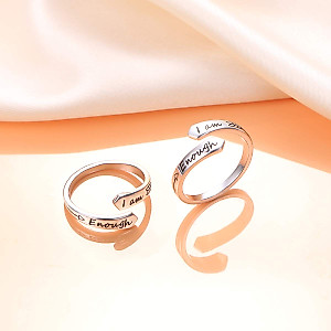 FLYOW Inspirational Rings Adjustable 925 Sterling Silver Spiral Wrap Twist Ring Encouragement Jewelry for Women (I am Enough)