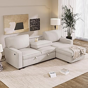 YUNLife&Home Convertible Pull Out Sleeper Sectional Sofa Bed,Upholstery L-Shaped 3-Seat Corner Couch with Reversible Storage Chaise,USB Port&2 Cup Holders on Back Cushions,Chaise Lounge Sofá Couches