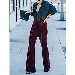OLYCELAK Women Velvet Elastic High Waisted Wide Flare Leg Palazzo Formal Party Long Pants Wine Red Plus Size XL