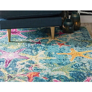 Unique Loom Positano Collection Coastal Modern Bright Colors Starfish Navy Blue Runner Rug (3' x 10')