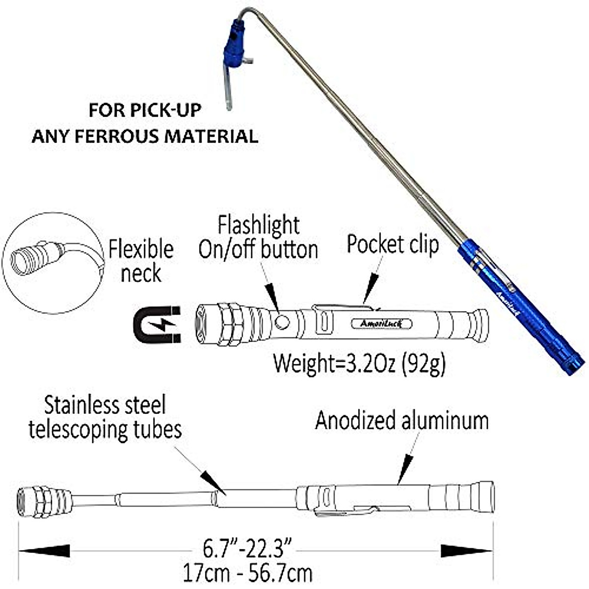 AmeriLuck 4 Pack Telescopic Pickup Tool with LED Flashlight, Extensible Rod with 360 Deg. Bendable Adjustable Magnetic Head, 4 x LR44 Batteries Included (22.3", Black)