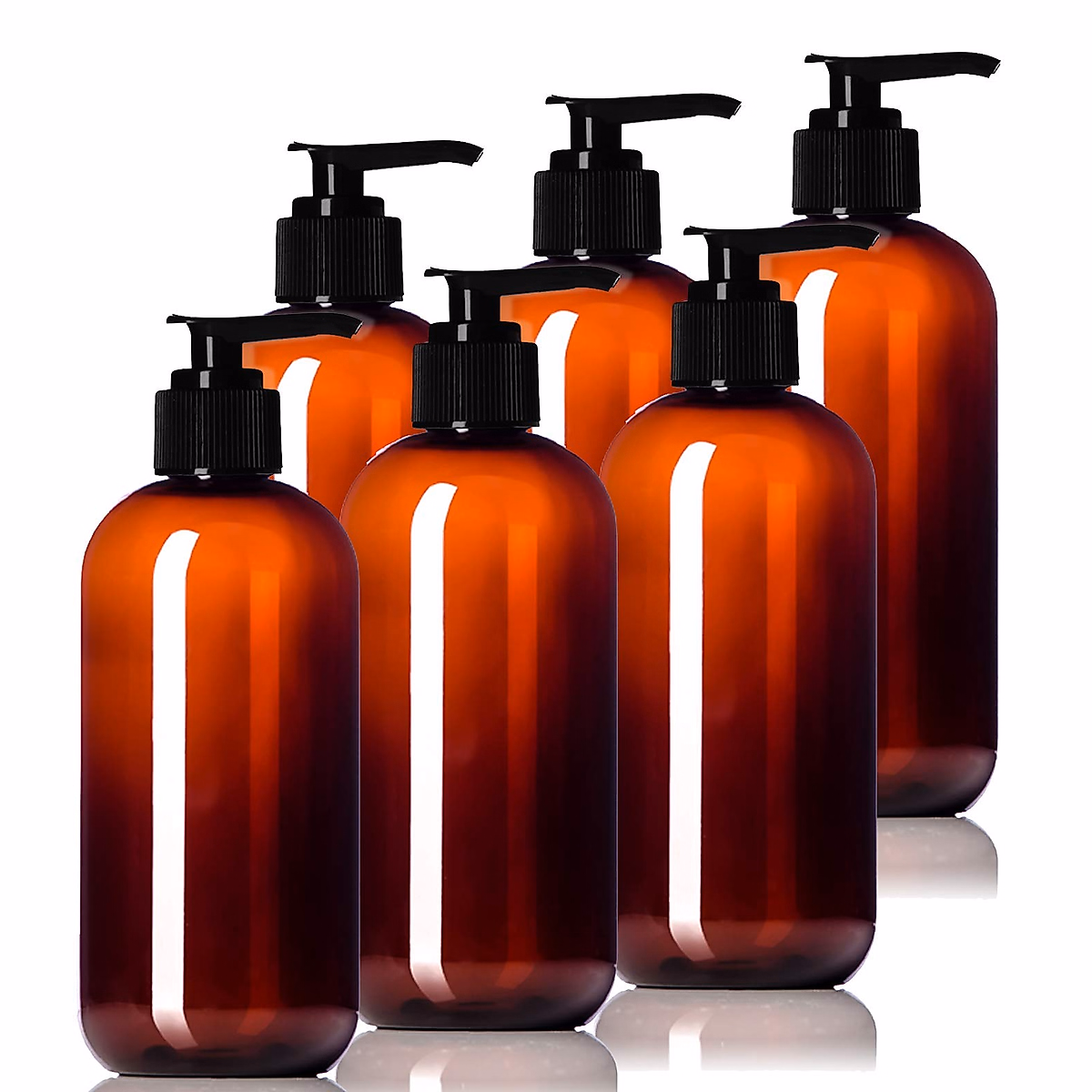 Aromine 8oz Plastic Amber Bottles (6 Pack) BPA-Free Squeeze Containers with Pump Cap, Labels Included