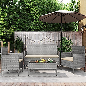Greesum Patio Furniture 4 Pieces Conversation Sets Outdoor Wickerr Rattan Chairs Garden Backyard Balcony Porch Poolside loveseat & 3 Pieces Patio Furniture PE Rattan Wicker Chair Conversation Set