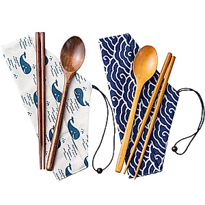 DOITOOL Fork Spoon Chopstick 2 Sets Japanese Style Chopsticks Set Wooden Bamboo Barbecue Travel Cutlery Kit