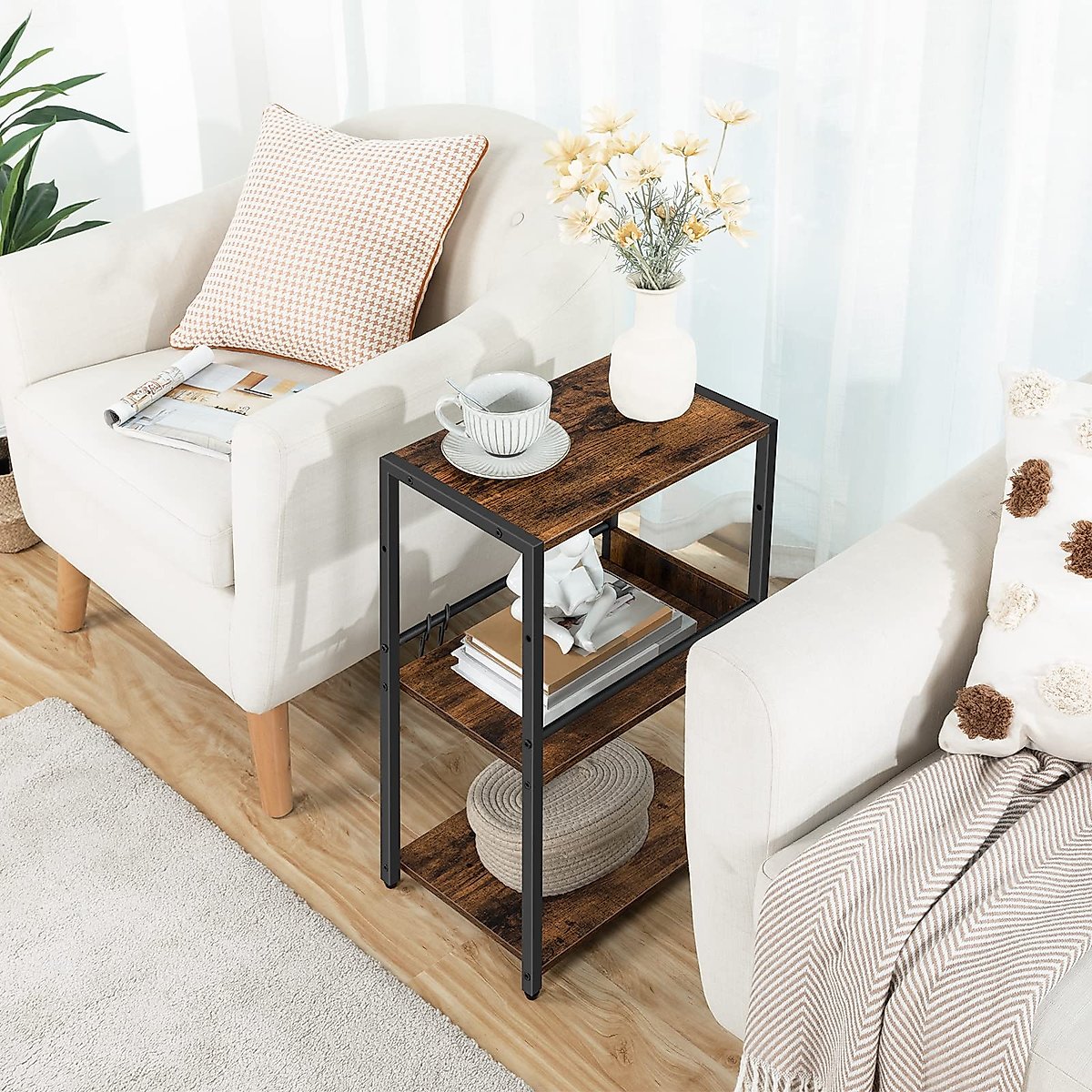 MAHANCRIS Printer Stand with Adjustable Storage Shelf, 3-Tier Computer Tower Stand with 2 Hooks, Rolling Printer Cart for Home Office Small Spaces, CPU Stand with Wheels, Rustic Brown PTHR6001Z