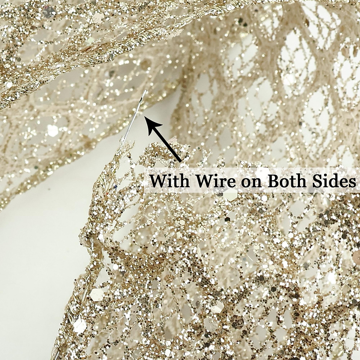 HUIHUANG Champagne Wired Ribbon 2-1/2", Glitter Diamond Wire Edge Ribbon Champagne Gold Christmas Ribbon for Holiday Tree, Bows Making, Wreath Supplies, Garland, Home Decor, Crafts -10 Yards