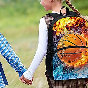 Drydeepin Blue Orange Fire Basketball Book Bags Backpack for Kids Boys Casual Travel Daypack with Bottle Holder Pocket Large School Bags Elementary School Student Teens Lightweight Rucsack,17Inch