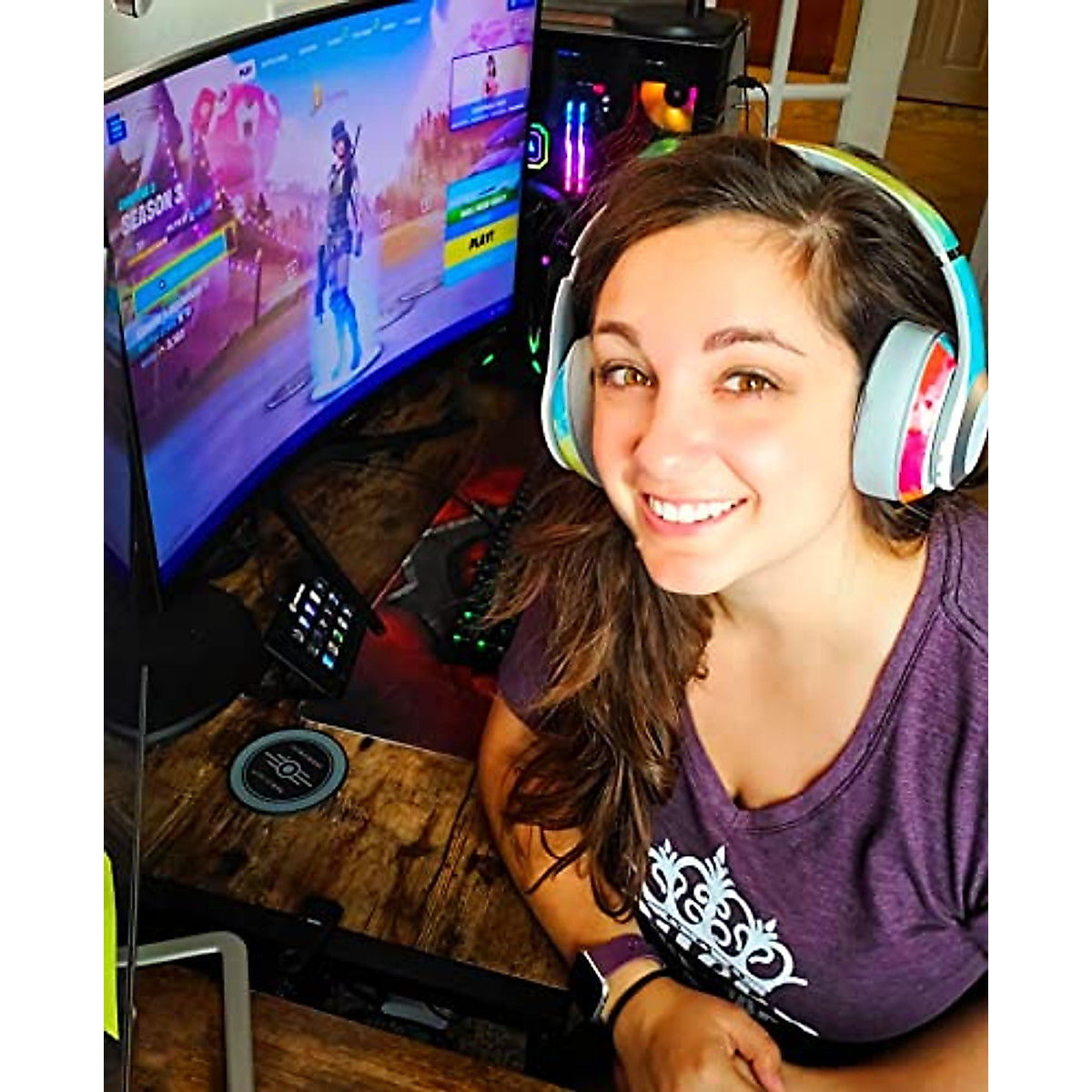 Vizliter Bluetooth Headphones, TWS Deep Bass Wireless Headphones 5.0 with Built-in Mic Soft Earmuffs LED Lights, Smart Phones, PC, TV, Travel, Gym Workout, Gaming, Noise Cancelling (Prismatic)