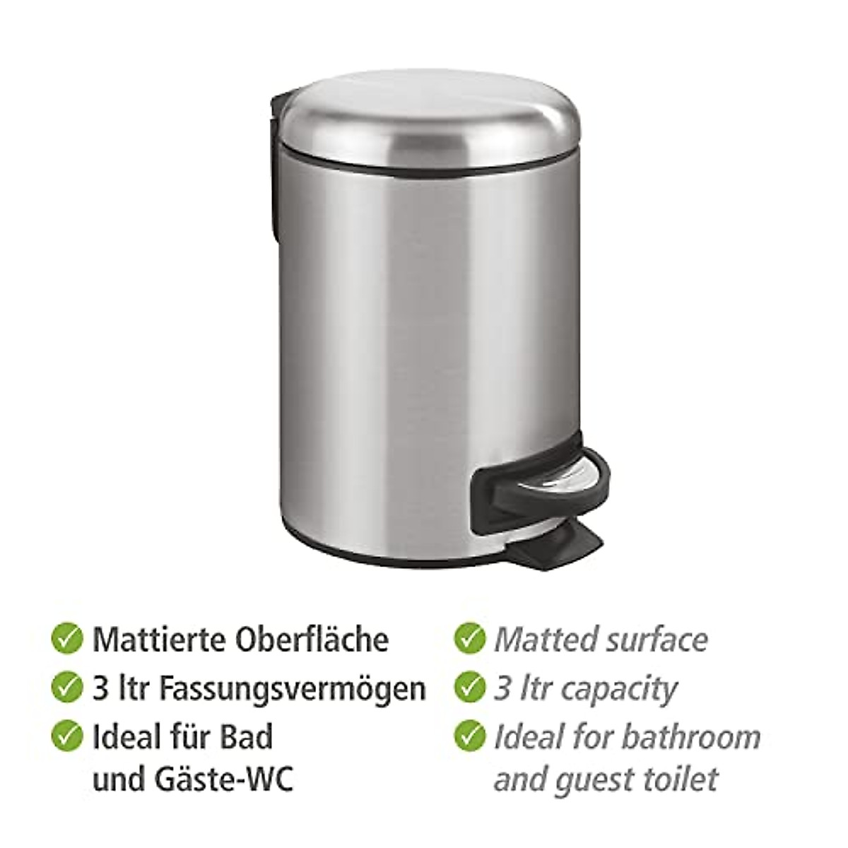 WENKO Basket, 0.79 Gal, Small Trash Can with Lid and Pedal, Garbage Bin for Bathroom with Removable Inner Bucket, Stainless Steel, Easy Close, 9.84 x 8.86 x 6.69, Silver