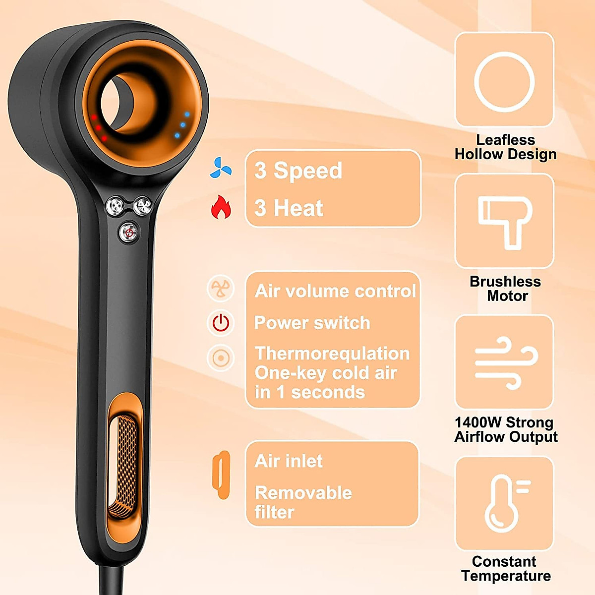 Ionic Hair Dryer, High Speed Blow Dryer, 110, 000 RPM Brushless Motor for Fast Drying, Low Noise, Memory Function, Reduce Frizz, Professional Hairdryer with Magnetic Nozzles, Diffuser for Home, Salon