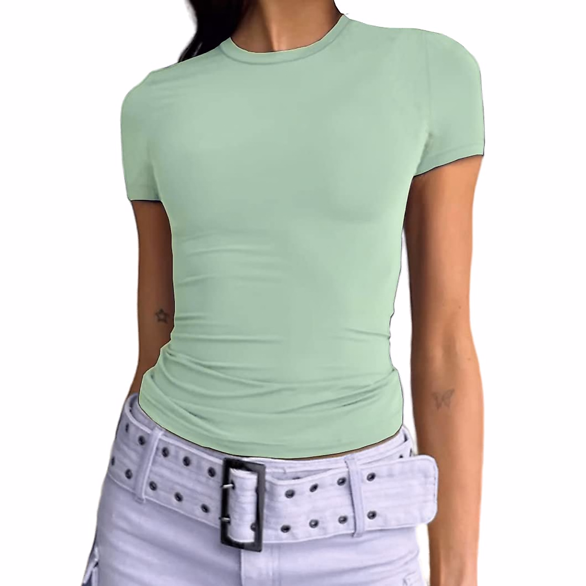 Abardsion Women's Casual Basic Going Out Crop Tops Slim Fit Short Sleeve Crew Neck Tight T Shirts (Mint Green, S)