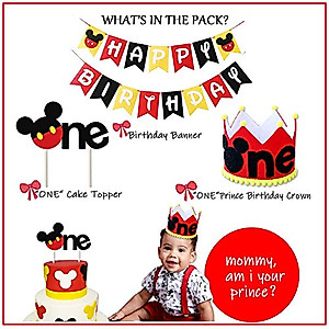 Mickey Mouse Party Supplies - Boys 1st Birthday Party Supplies Pack, Includes a Mickey Themed Birthday Banner, a Hand Made High Chair Banner, a Birthday Cake Topper, 15 Latex Balloons, 5 Confetti Baloons, 6 Tissue Balls, a Hand Made Cronw, a Welcome Sign,