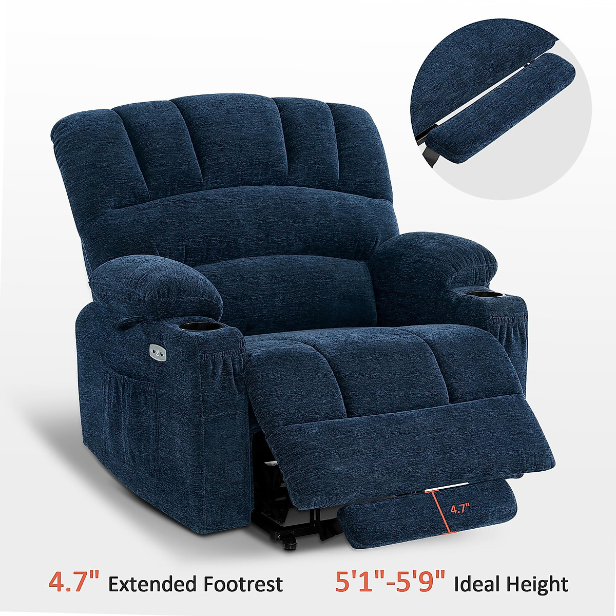 MCombo Power Lift Recliner Chair Sofa with Massage and Heat for Big Elderly People, USB Ports, Side Pockets, Fabric R7096 (Medium-Wide, Navy Blue)