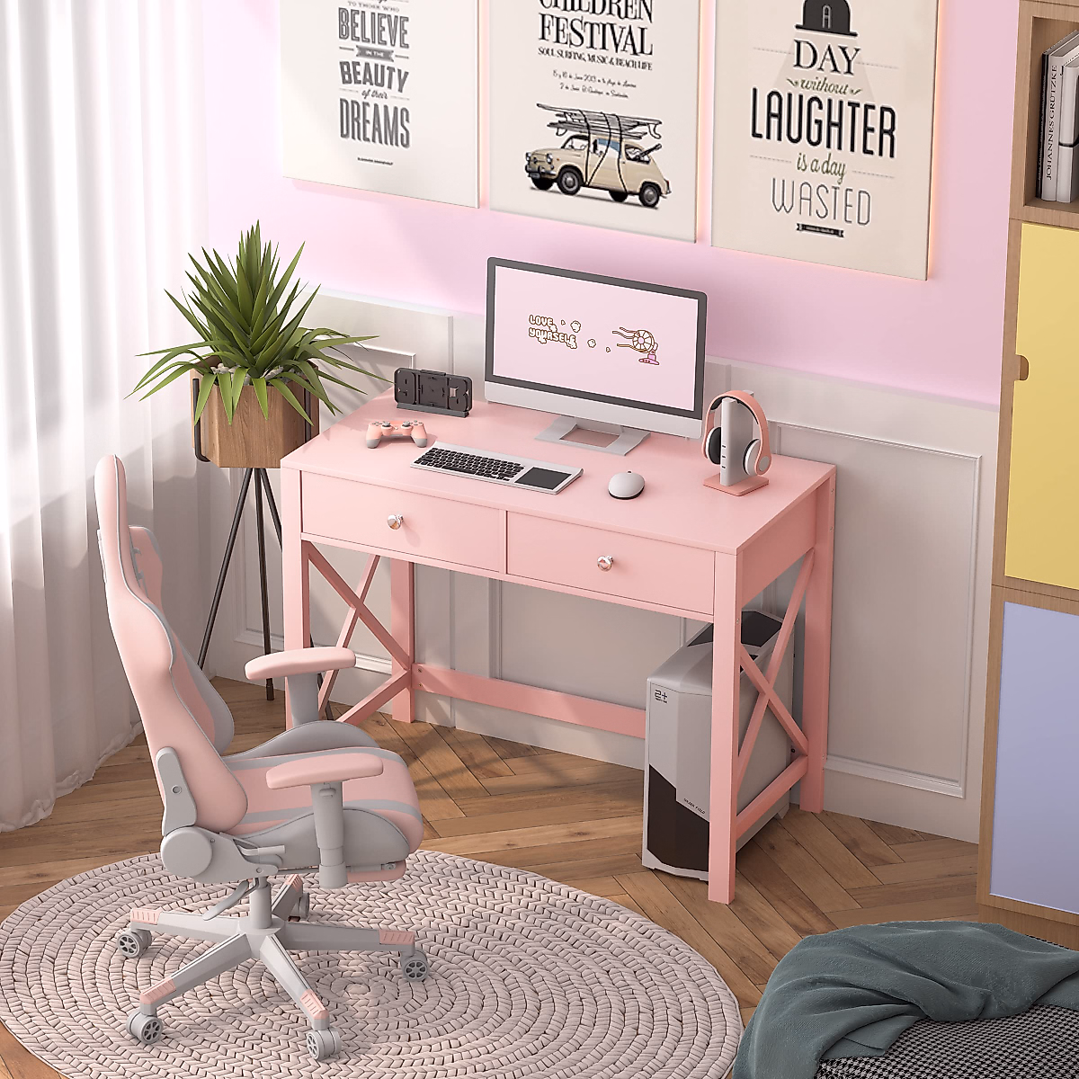 WiberWi Home Office Desk with Drawers, Modern Writing Computer Desk for Bedroom, Small Pink Makeup Vanity Table for Girls, Study Table for Home Office