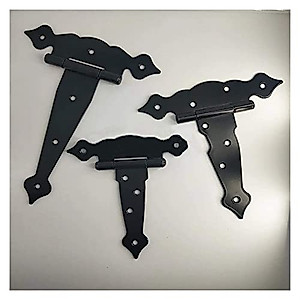 Heavy Duty Hinge,Long Strap T Hinge, 2pcs Black T-Shaped Heavy Duty Door Hinges, Flower-Shaped Decorative Strap Hinges Barn Door Wooden Fence Gate Hinges with Screws