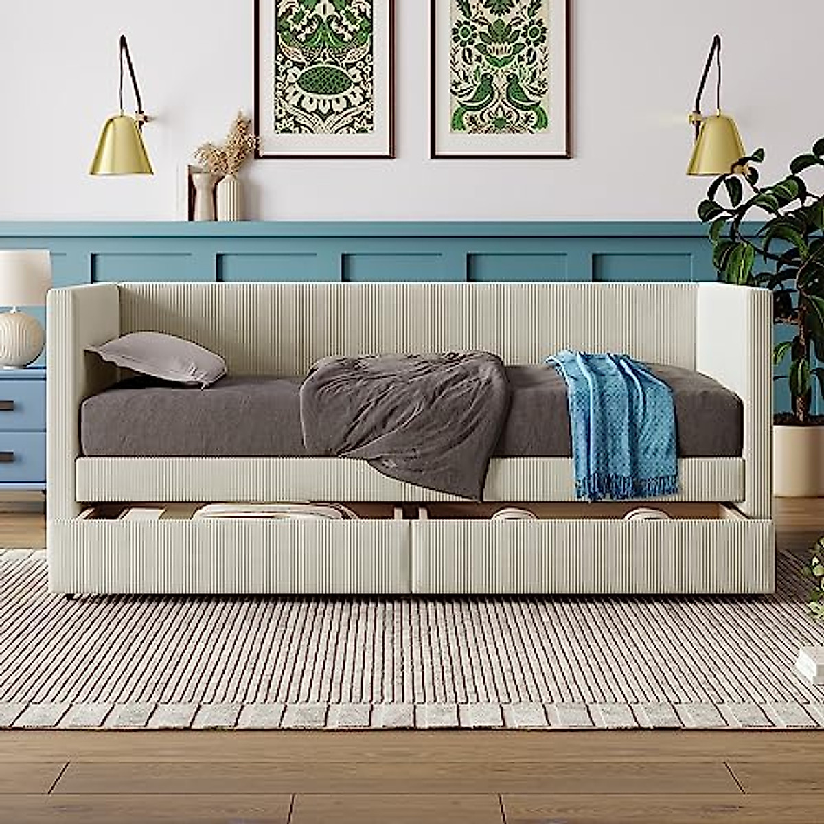 JIVOIT Elegant Upholstered Daybed with Two Storage Drawers, Twin Size Corduroy Daybed with Wood Slat Support and Backrest, Wood Storage Sofa Bed Frame, No Box Spring Needed (Beige 062)