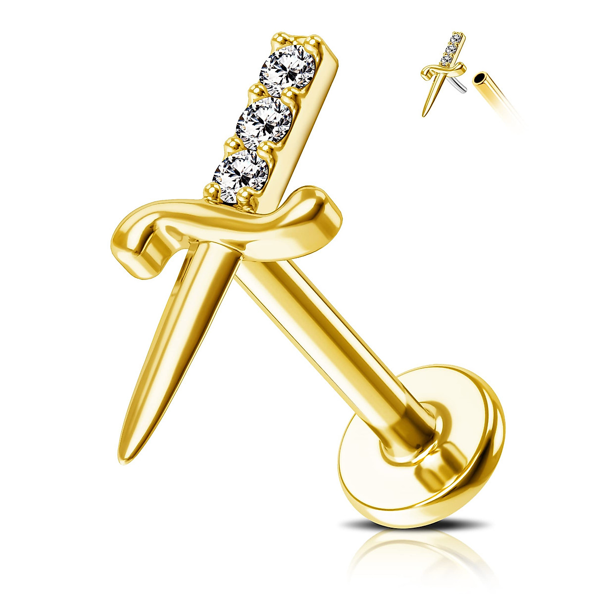 Jewseen 14K Gold Top Push in Threadless Sword Flat Back Stud Cartilage Earring Nose Stud Threadless Earring Helix Piercing Jewelry Tragus Earrings Lip Ring for Women Men