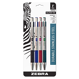 Zebra Pen F-301 Retractable Ballpoint Pen, Stainless Steel Barrel, Fine Point, 0.7mm, Assorted Ink, 4-Pack