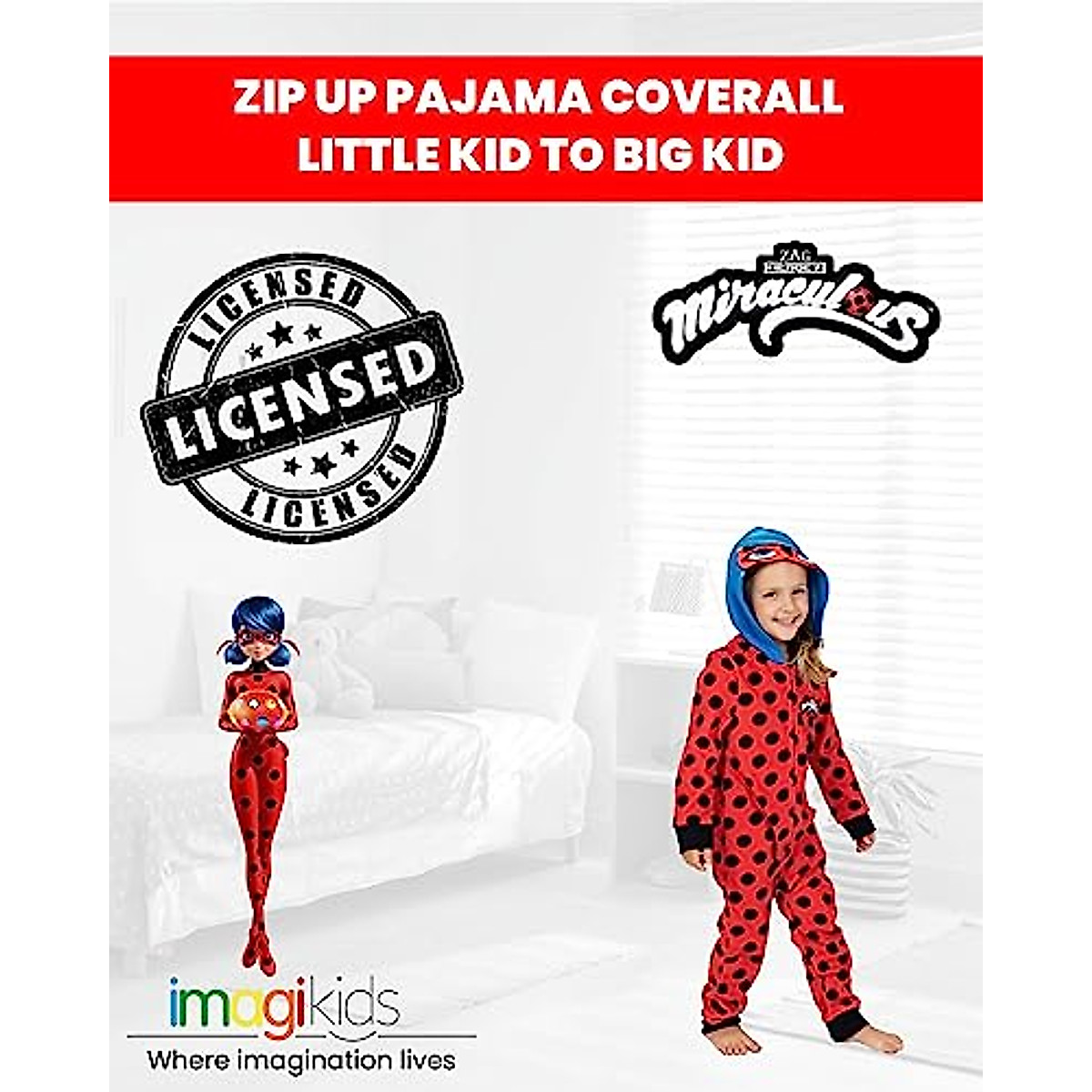 Miraculous Ladybug Little Girls Zip-Up Costume Onesie Pajama Coveralls Red 7-8