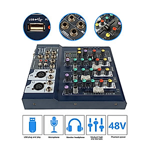 Professional Audio Mixer, STARAUDIO 4-Channel Mixing Console with USB Audio Interface, Stereo Equalizer, 16 DSP Effects, Ideal for Stage, Live Gigs, and Karaoke SPMX4002B