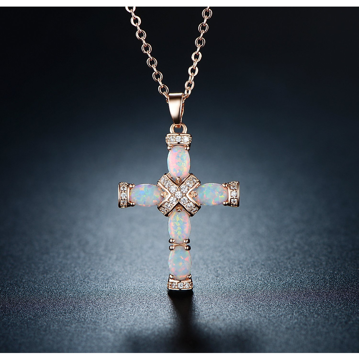 Barzel Rose Gold & White Gold Plated Created Opal Cross Chain With Pendant