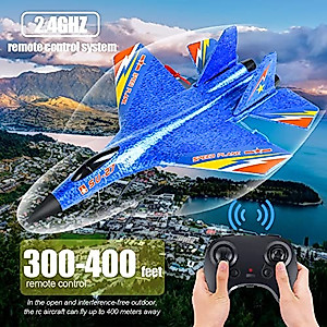 OUSEXI Blue RC Airplane Comes with 2 Batteries, 2.4 GHZ 2 Channels Remote Control Aircraft for Beginners,Outdoor Foam RC Airplane for Kids(with Night Light)