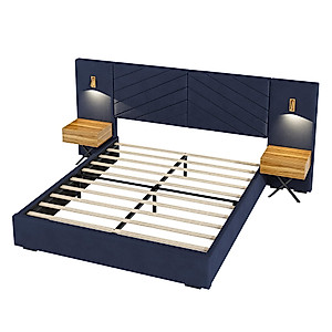 DEINPPA Luxury Bed Frame with Built-in Gold LED Lights and Nightstands, King Size Platform Bed with Oversize Upholstered Headboard, No Box Spring Needed-Royal Blue