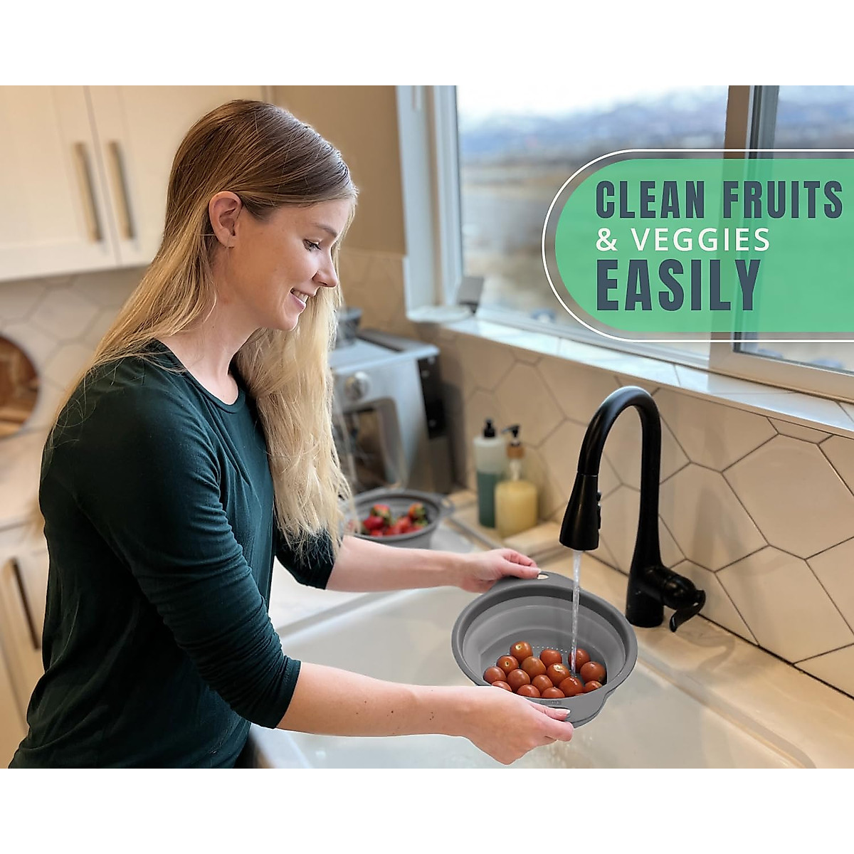 Ultimate Kitchen Strainers Set of 2 - Collapsible Silicone Colanders For Easy Storage by Comfify - Use with Pasta & Veggies or as a Fruit or Berry Bowl with Strainer - Irreplaceable for Campers - Gray