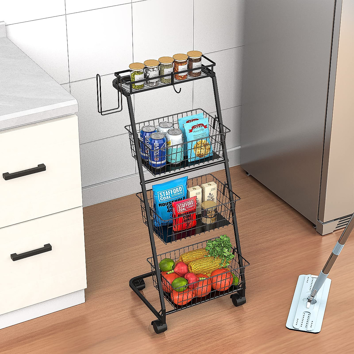 Auledio 4-Tier Fruit Vegetables Basket Bowl Rolling Storage Cart With Banana Hanger Paper Towels Holder , Black