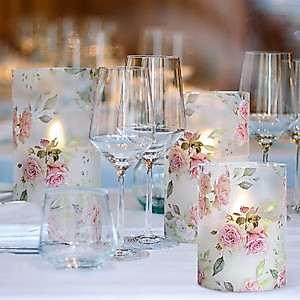 GORGE MOMENT Rose Flameless Candles Love Theme Battery Operated Glass Flickering LED Candle with Remote Pink Flower Decal Realistic Pillar Candles Bedroom Home Decor Table Ornament