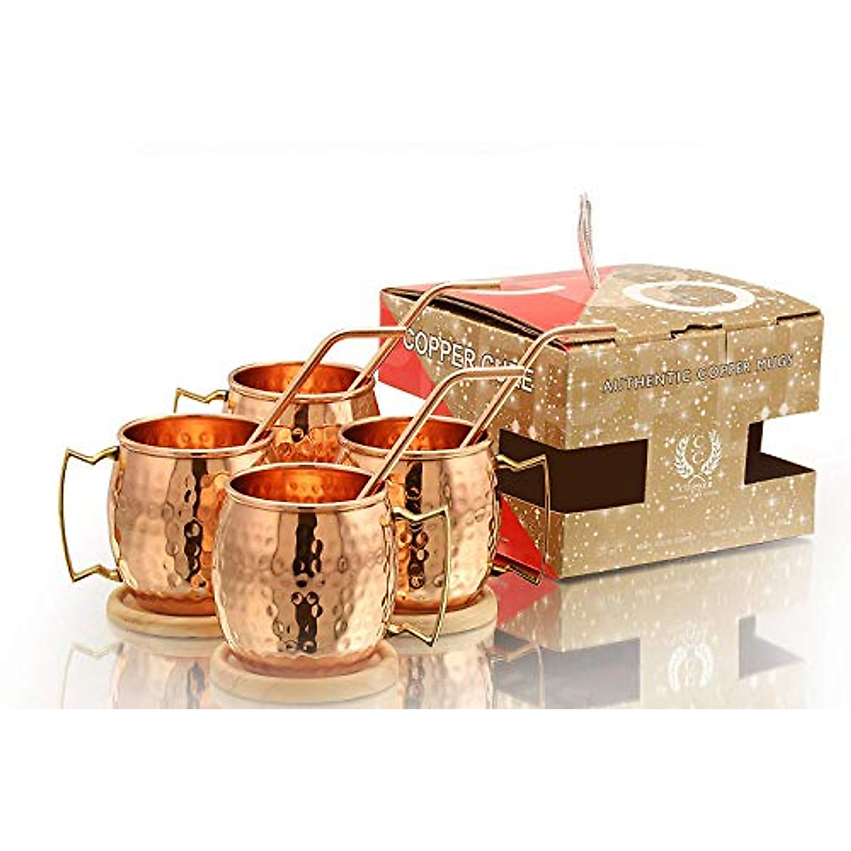 (Gift Set) Pure Copper Hammered Mugs with Copper Straws & Wooden Coasters Set of 4 - PREMIUM QUALITY -16 Oz Copper Cups - 100% Handcrafted - A Gift Pack for your loved Ones