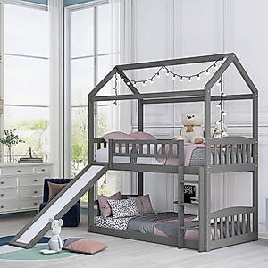 House Bunk Beds with Slide Twin Over Twin Floor Bunk Bed Frame Wood Playhouse Bunkbed with Storage for Kids Toddlers Girls/Boys, Gray